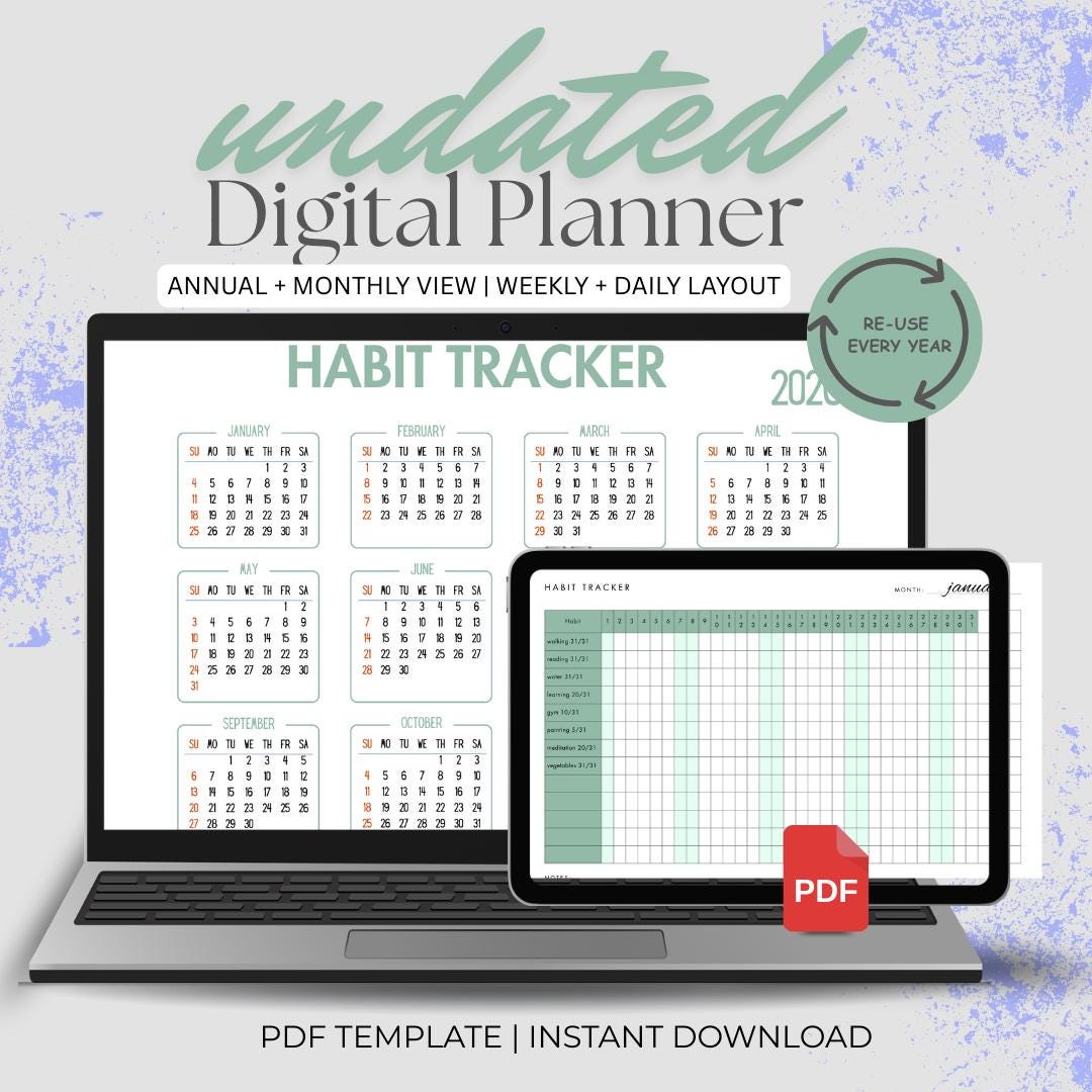 Undated Digital | Habit Tracker | Printable | Minimalist | Goal Planner ...