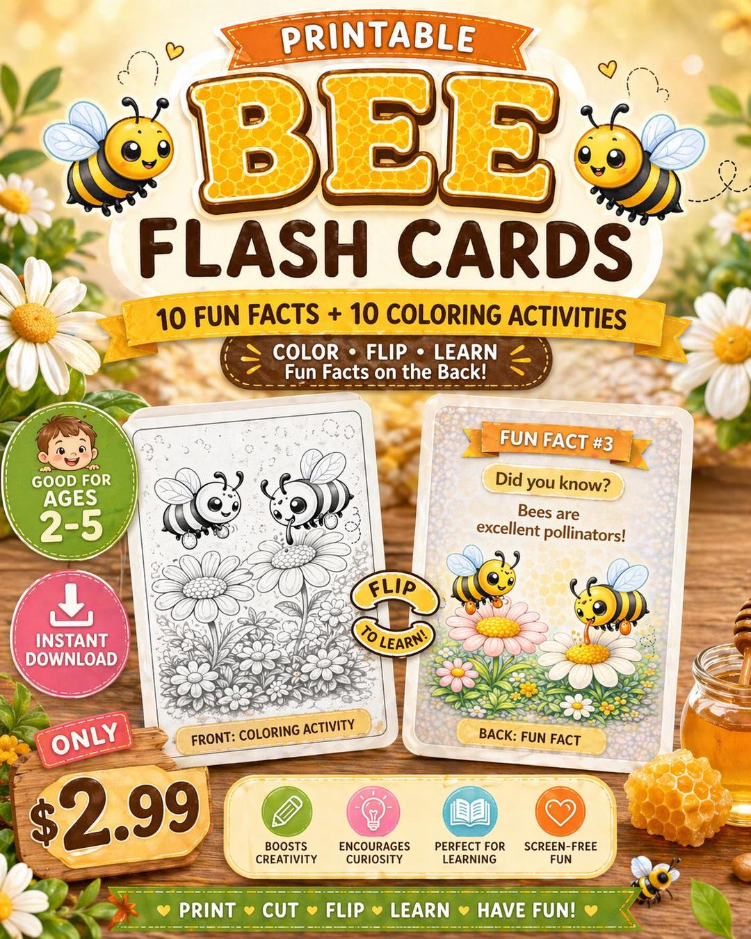 Bee Flashcards + Coloring Pages Printable | Fun Facts for Kids ...