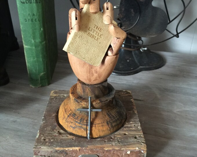 Wood Mannequin Hand Religious Art Piece Holding Vintage Miniature Bible ...