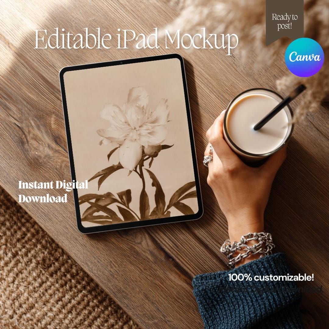 Editable iPad Canva Mockup – Modern Beige Neutral Scene for Social ...