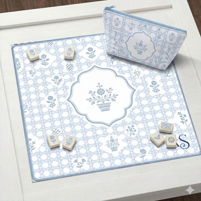 Blue Cane Monogram Mahjong Mat, Personalized Initials Mahjong Table Mat ...