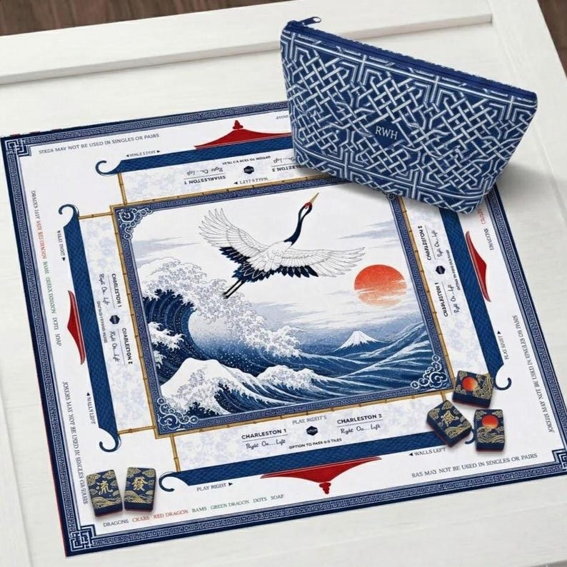 Instruction Mahjong Mat With Blue Crane Design, Elegant Waves & Mount ...