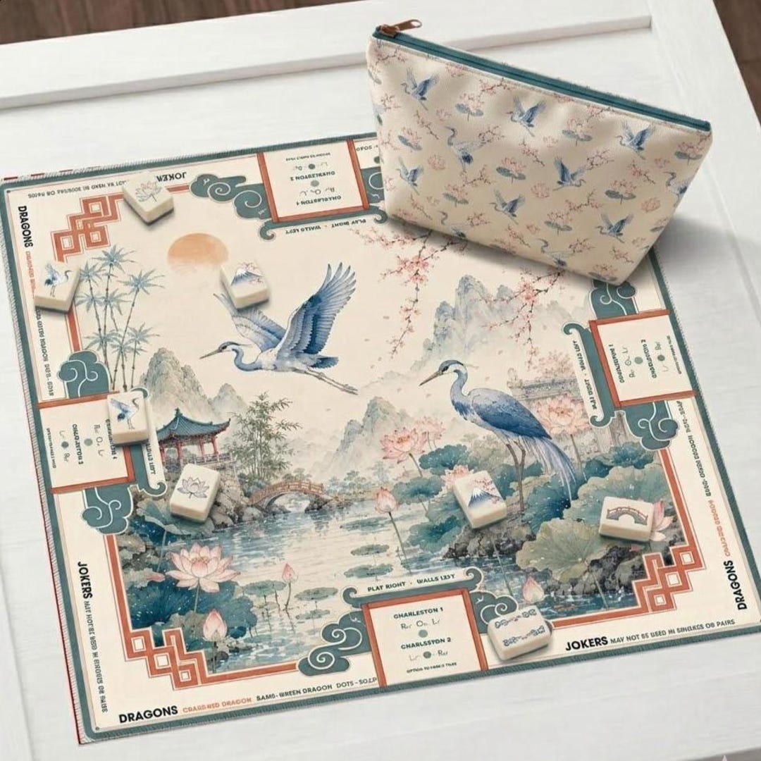 Chinoiserie Crane Mahjong Mat, Chinese Garden Mahjong Accessories ...