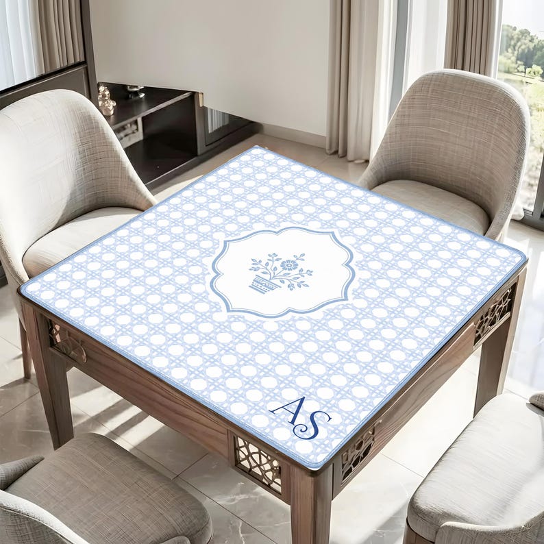 Blue Cane Monogram Mahjong Mat, Personalized Initials Mahjong Table Mat ...