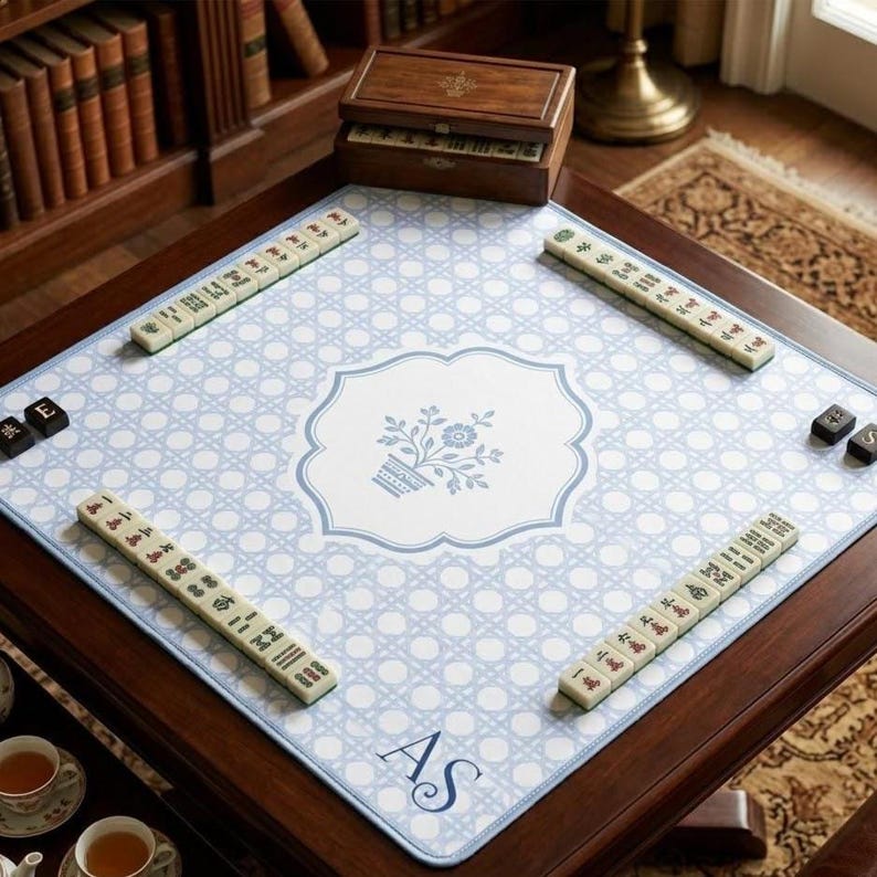 Blue Cane Monogram Mahjong Mat, Personalized Initials Mahjong Table Mat ...