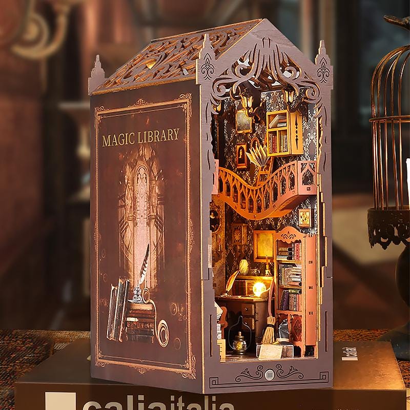 Magic Library Book Nook Kit | Wooden Bookshelf Insert With LED Light ...