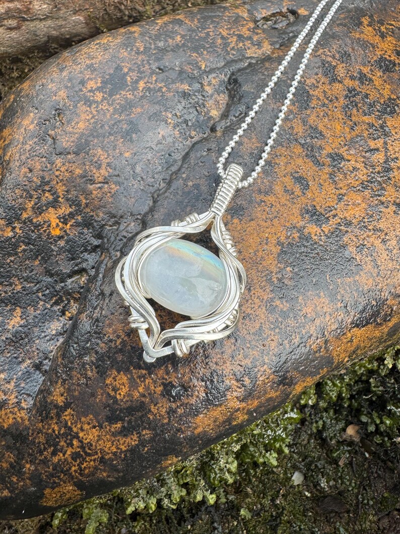Wire Wrapped Rainbow Moonstone Pendant in Sterling Silver Wire Wrapped ...