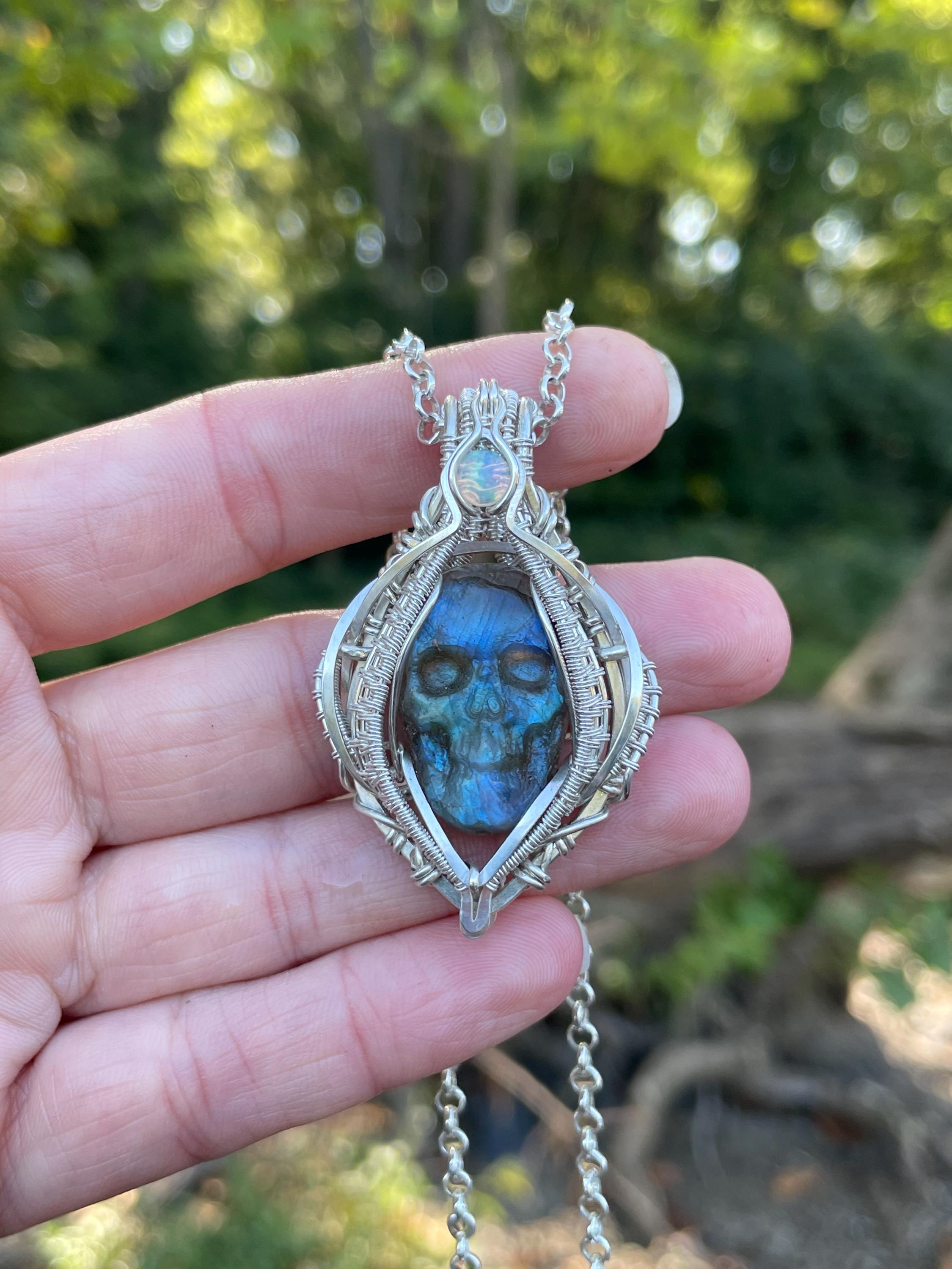 Blue Labradorite Skull Sterling Silver Wire Wrap With Opal - Wire ...