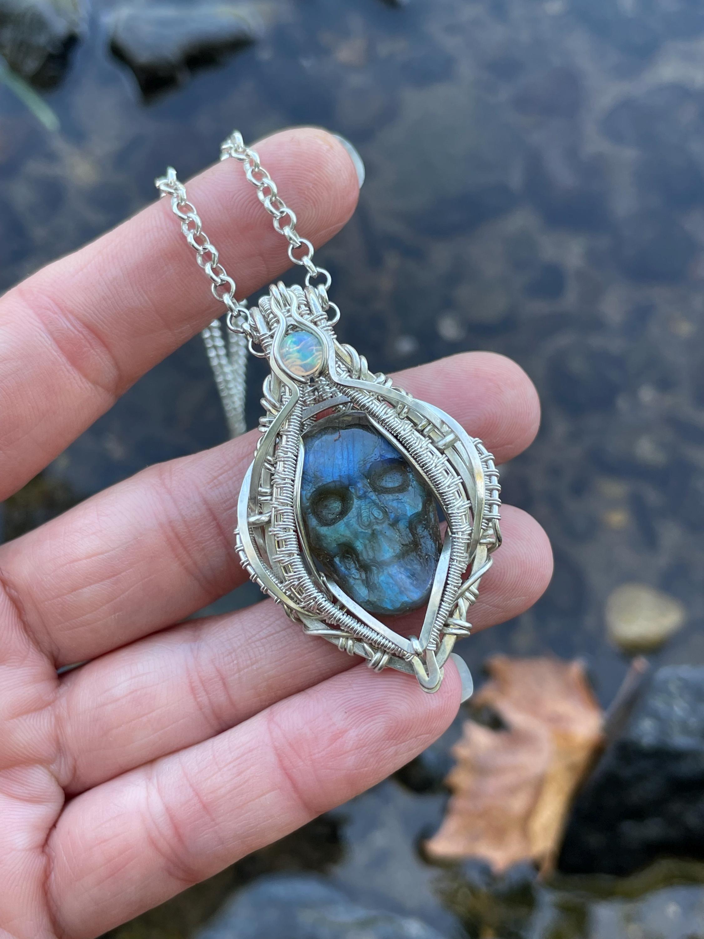 Blue Labradorite Skull Sterling Silver Wire Wrap With Opal - Wire ...