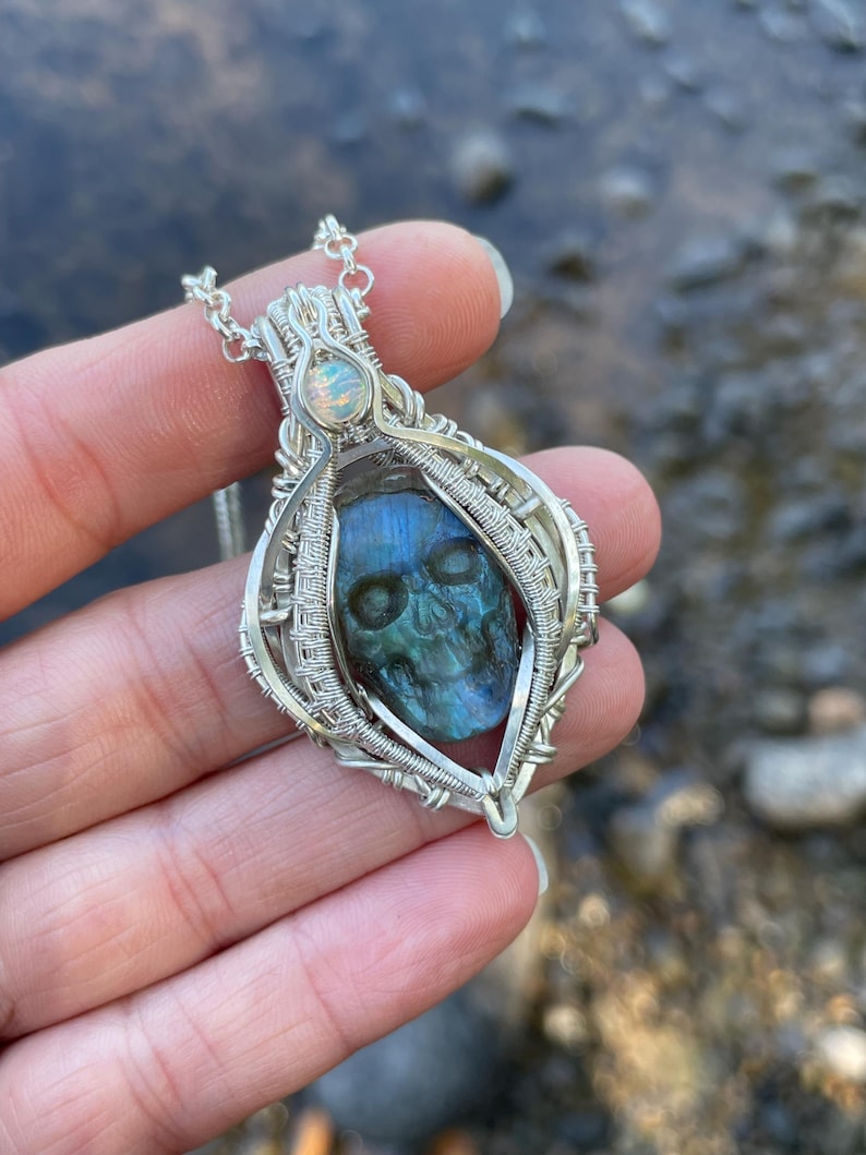 Blue Labradorite Skull Sterling Silver Wire Wrap With Opal - Wire ...
