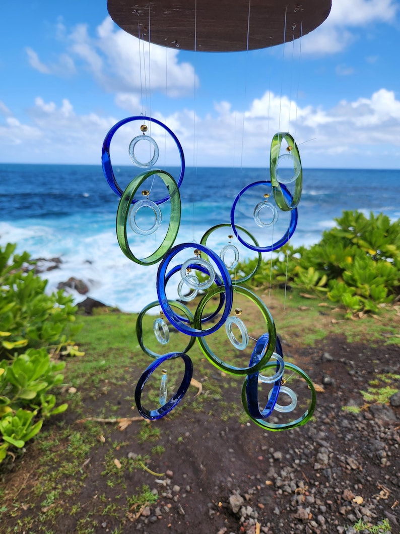 Blue, Green, Clear, Md Double Helix GLASS WINDCHIMES-RECYCLED Wine ...