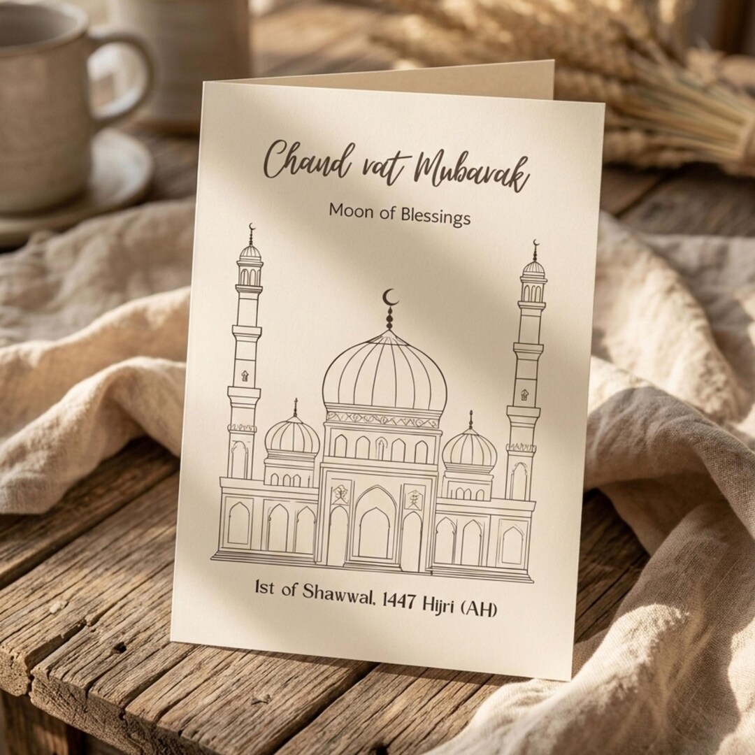 Editable Chand Raat Mubarak Card, Neutral Beige Mosque Line Art ...