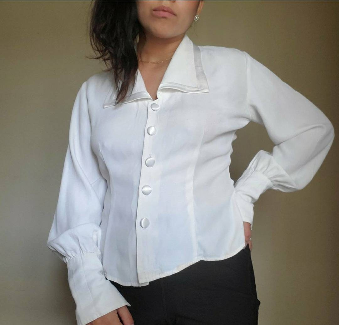 Classic White Satin Puff Sleeve Button Blouse - Etsy