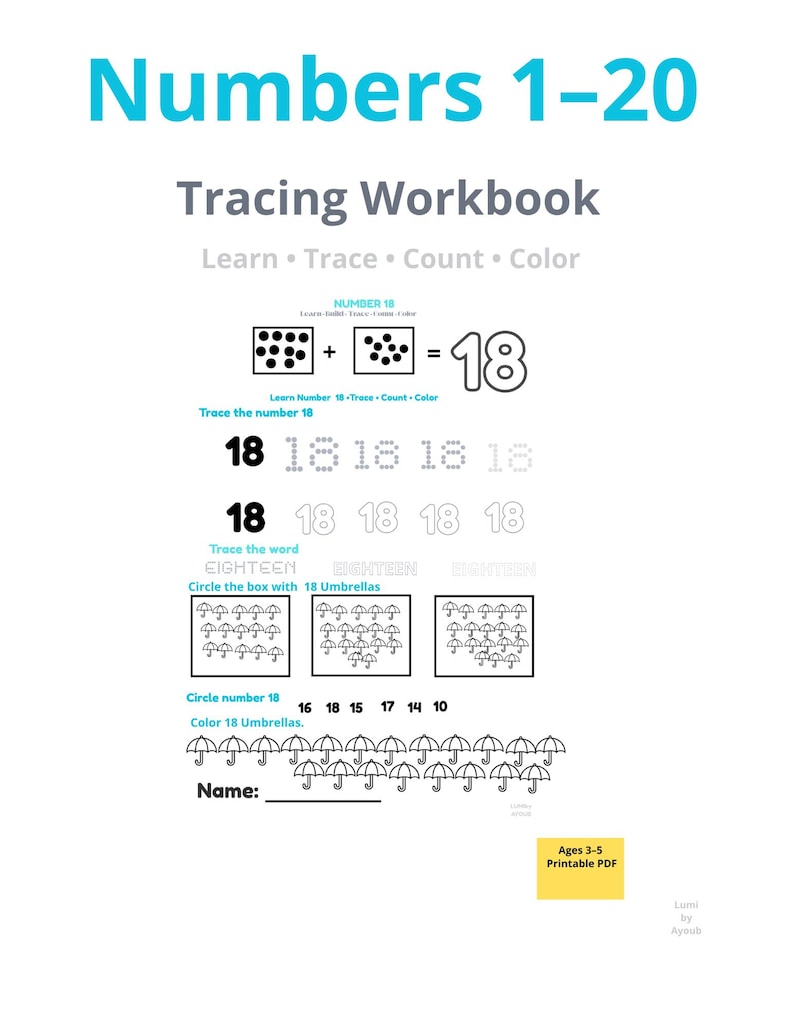 Numbers 1–20 Workbook for Kids | Printable Preschool Math Activities ...