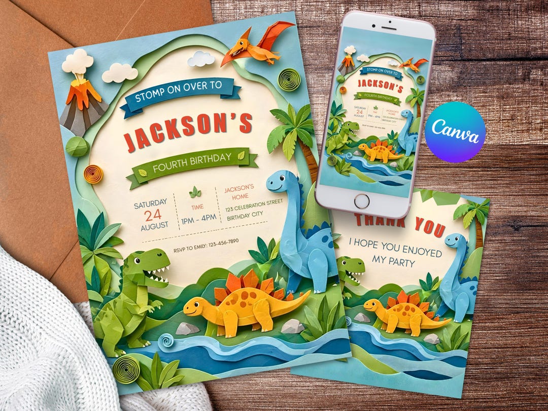 Dinosaur Birthday Invitation | Cute Dino Kids Party Invite | 3D Paper ...