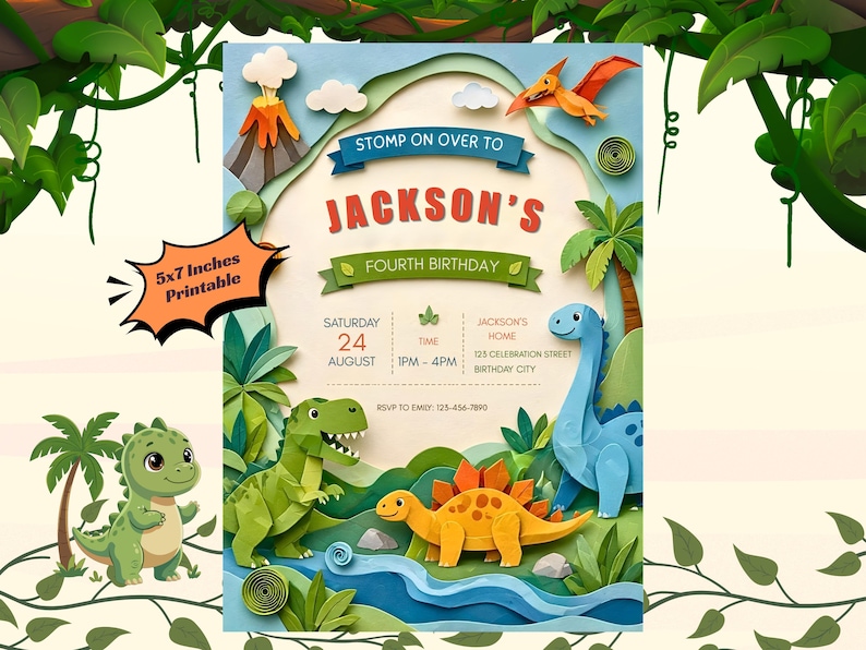 Dinosaur Birthday Invitation | Cute Dino Kids Party Invite | 3D Paper ...
