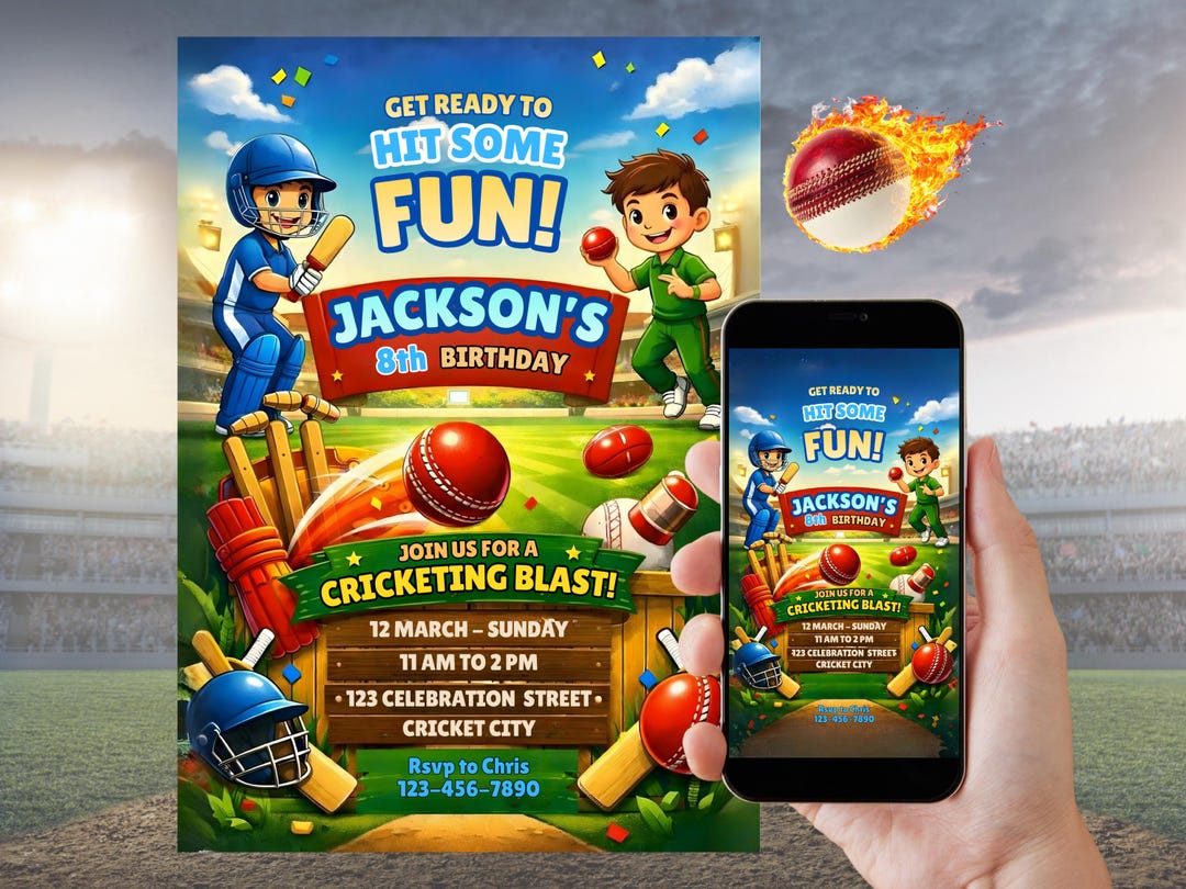 Cricket Birthday Invitation Canva Editable, Sports Party, Kids Cricket ...