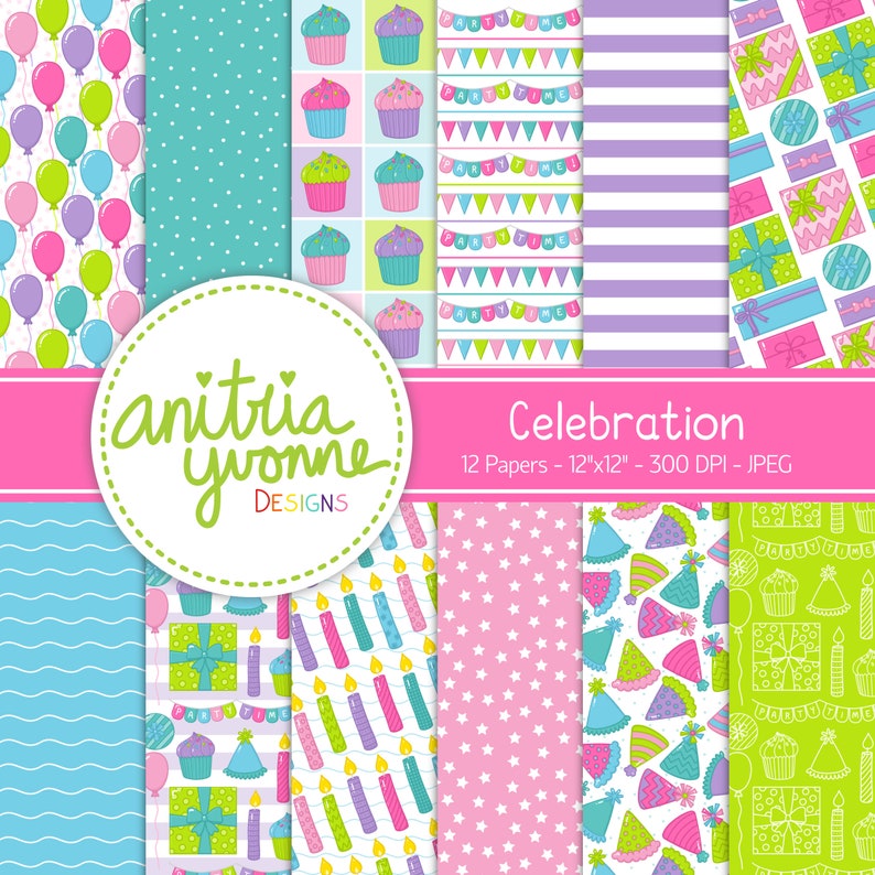Celebration Digital Paper, Party Designs, Birthday Design, Celebration ...