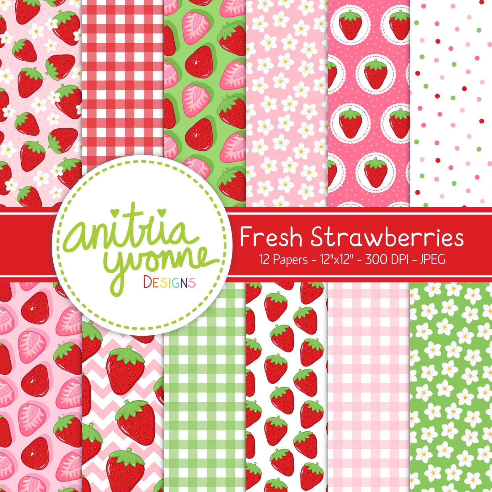 Strawberry Digital Paper, Gingham Designs, Fruit Design, Strawberry ...