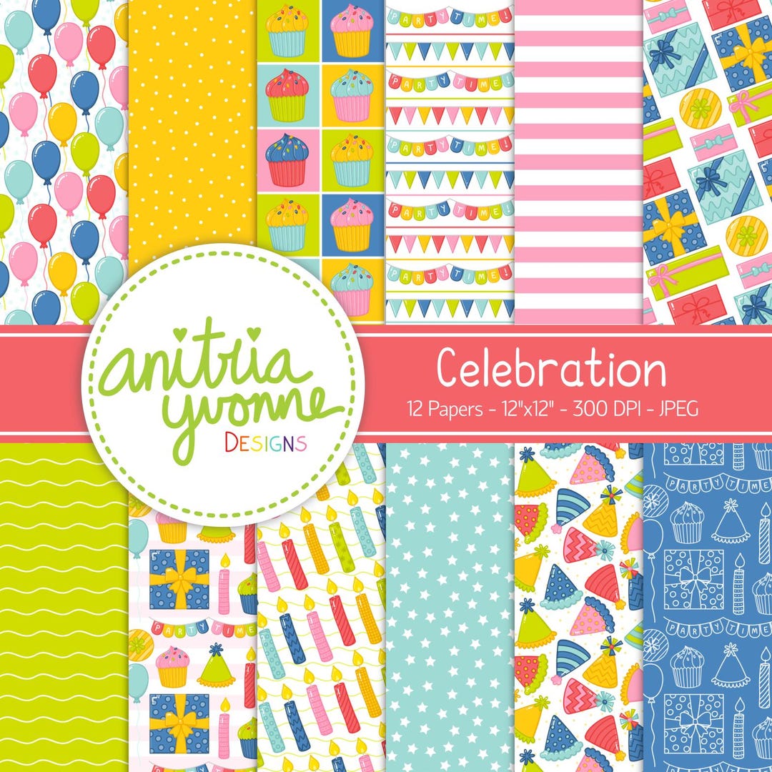 Celebration Digital Paper, Party Designs, Cupcake Design, Birthday ...