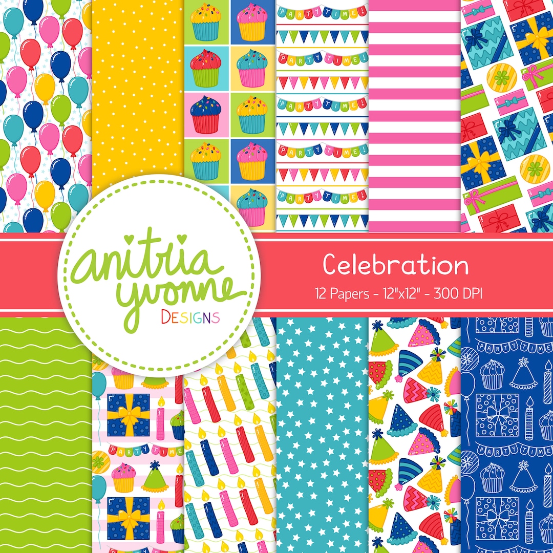 Celebration Digital Paper, Party Designs, Cupcake Design, Birthday ...
