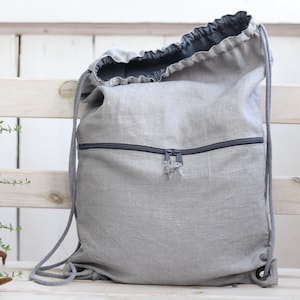 Linen Backpack With Zippered Pocket, Gray Lightweight Travel Gift ...