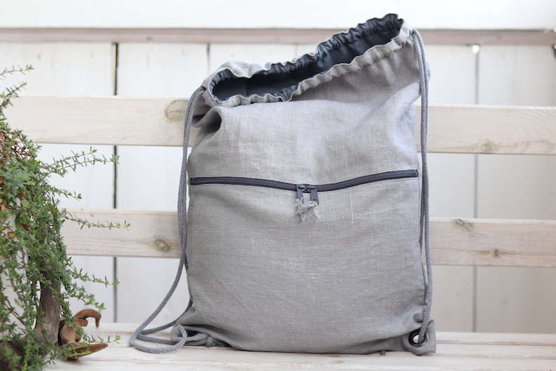 Linen Backpack With Zippered Pocket Gray Lightweight Travel - Etsy