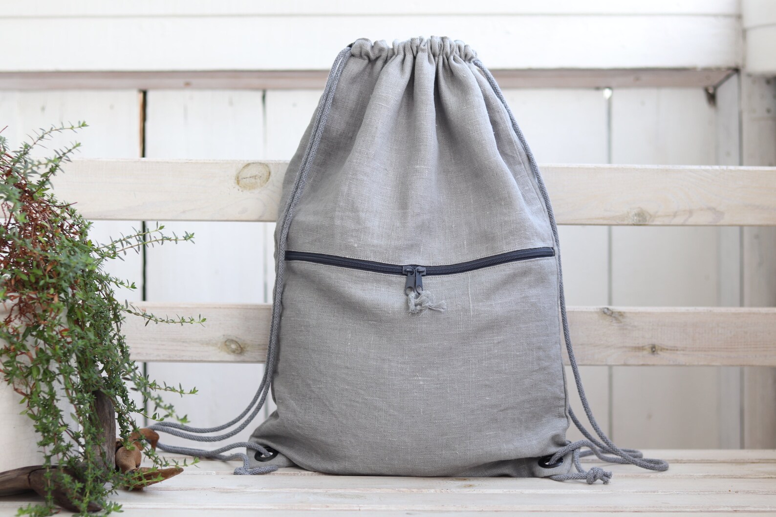 Linen Backpack With Zippered Pocket Gray Lightweight Travel - Etsy