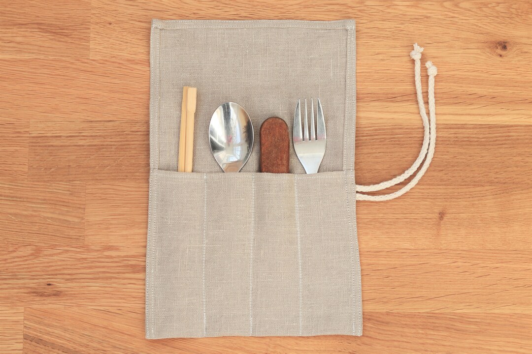 Reusable Cutlery Roll, Personalized Beige Linen Cutlery Wrap for Travel ...