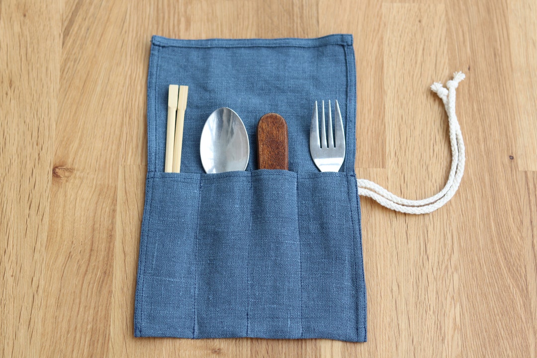 Blue Reusable Cutlery Roll With Name, Grey Blue Linen Cutlery Wrap for ...