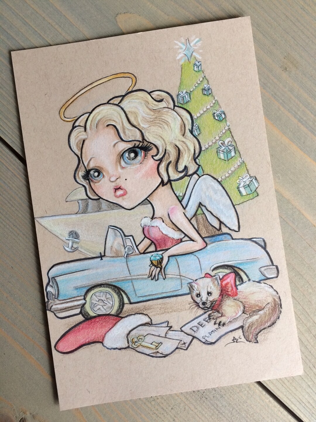 Santa Baby Madonna Big Eyes Cute Christmas Original Pencil Illustration ...