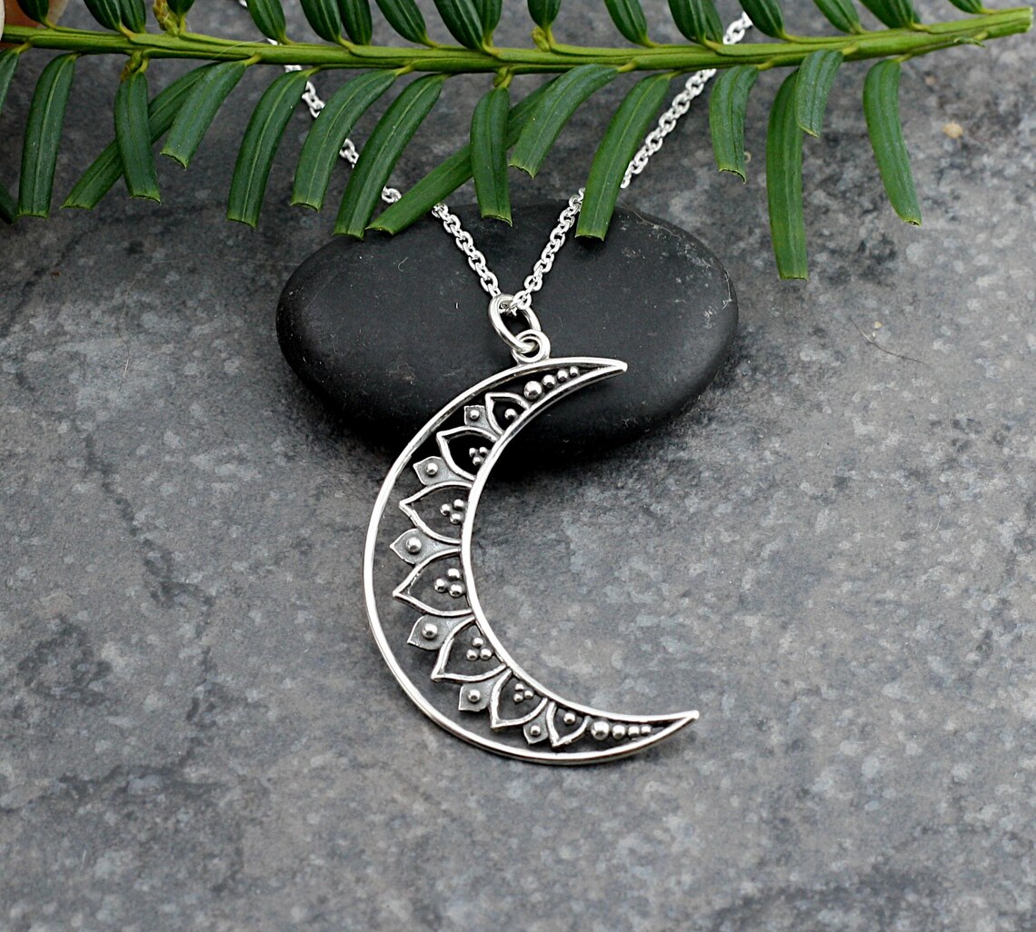 Moon Necklace Sterling Silver Crescent Mandala Lotus Pendant Astrology Jewelry Gift for Her Moon ...