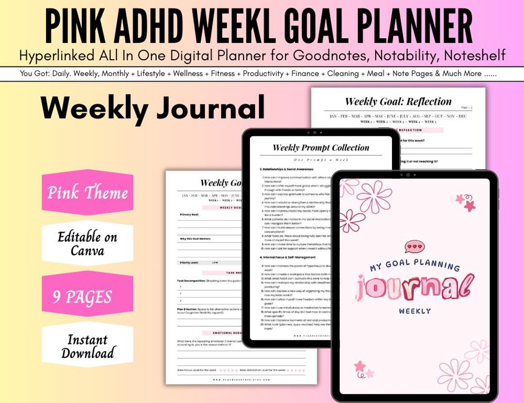 ADHD Weekly Goal Planner Canva Template | Productivity, Focus ...