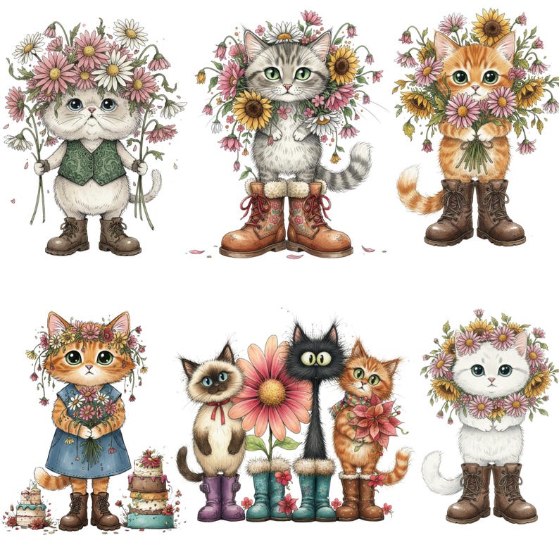 10 Whimsical Cats Clipart Bundle, Watercolor Kitten Png, Cute Cats ...