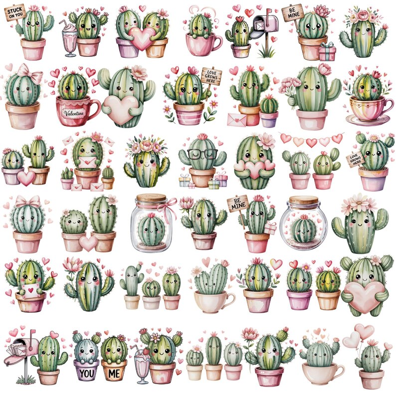 80+ Cute Cartoon Cactus Clipart Bundle, Houseplants Clipart, Kawaii ...
