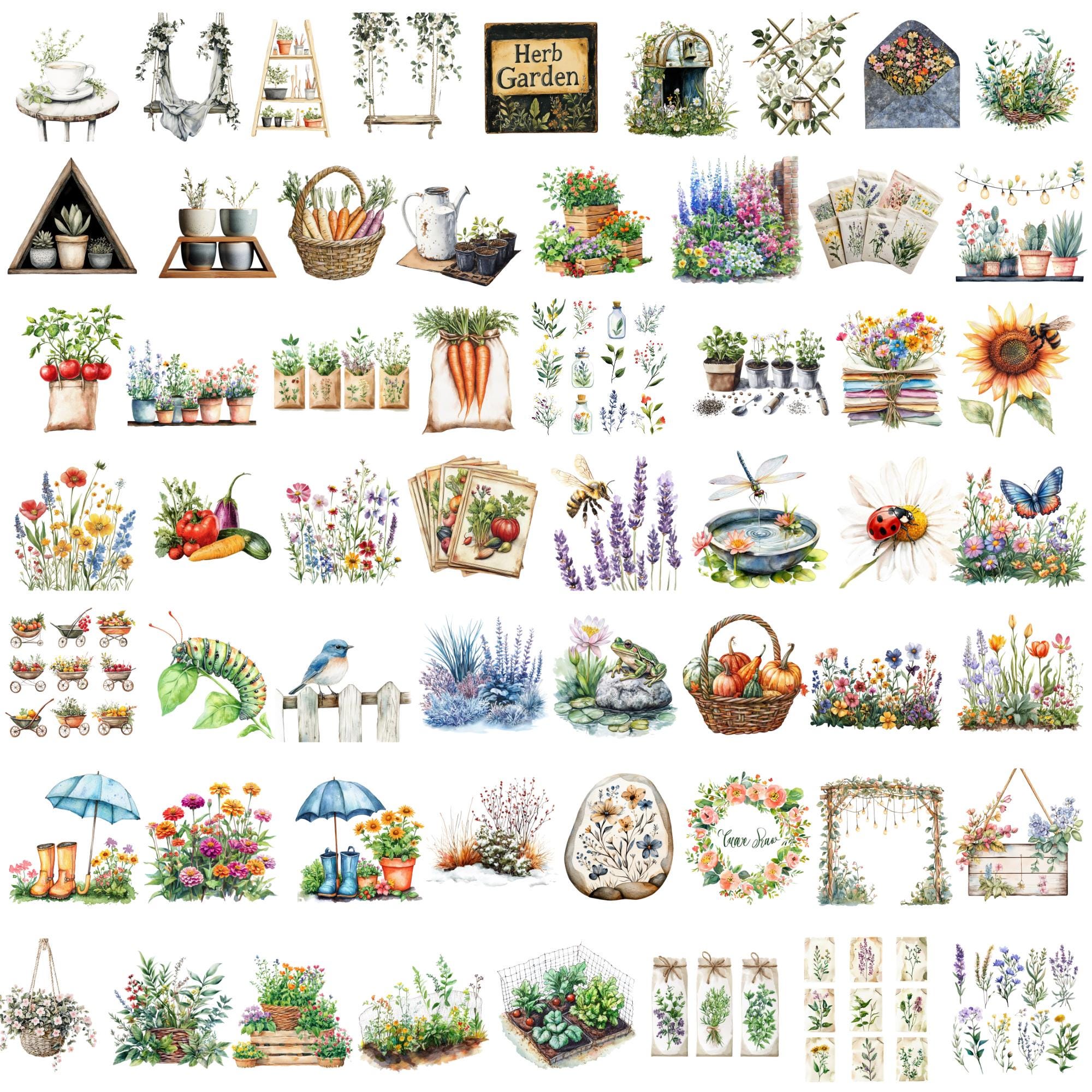 Gardening Clipart Bundle PNG, Watercolor Garden Tools, Plants Flowers ...