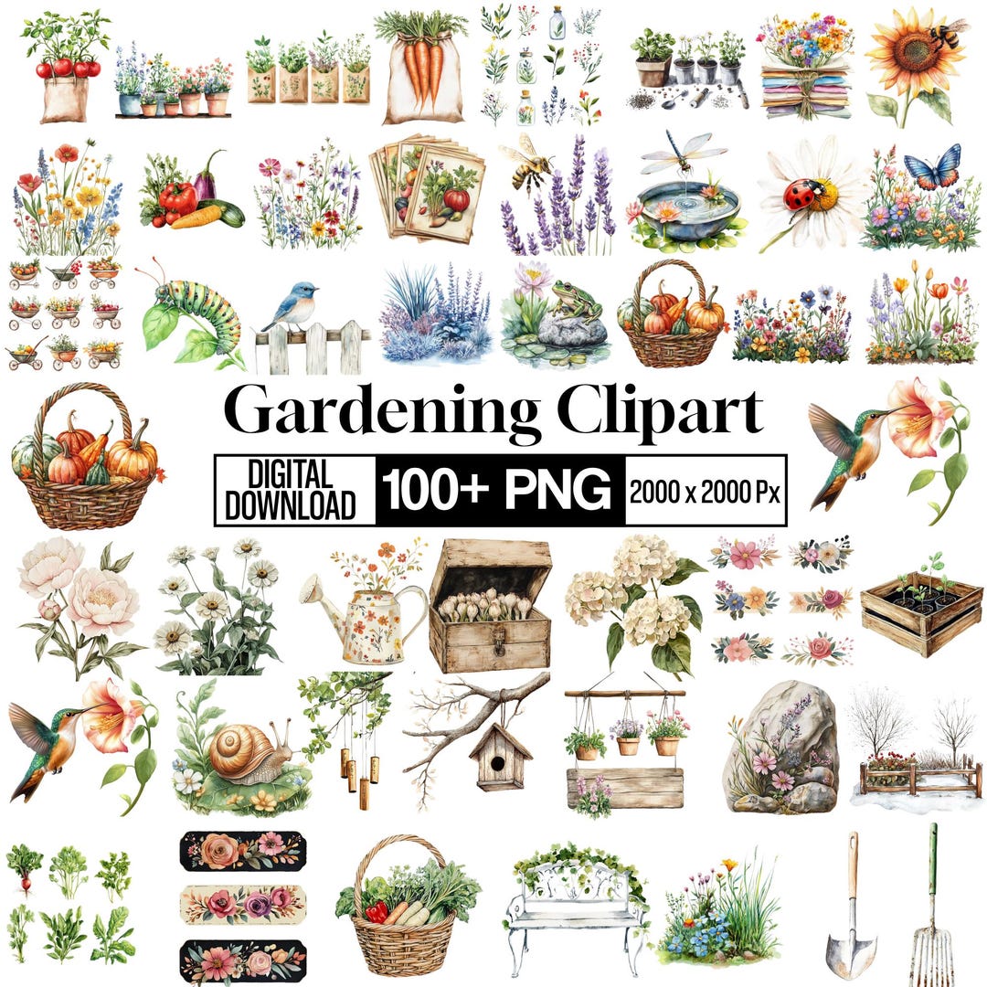Gardening Clipart Bundle PNG, Watercolor Garden Tools, Plants Flowers ...