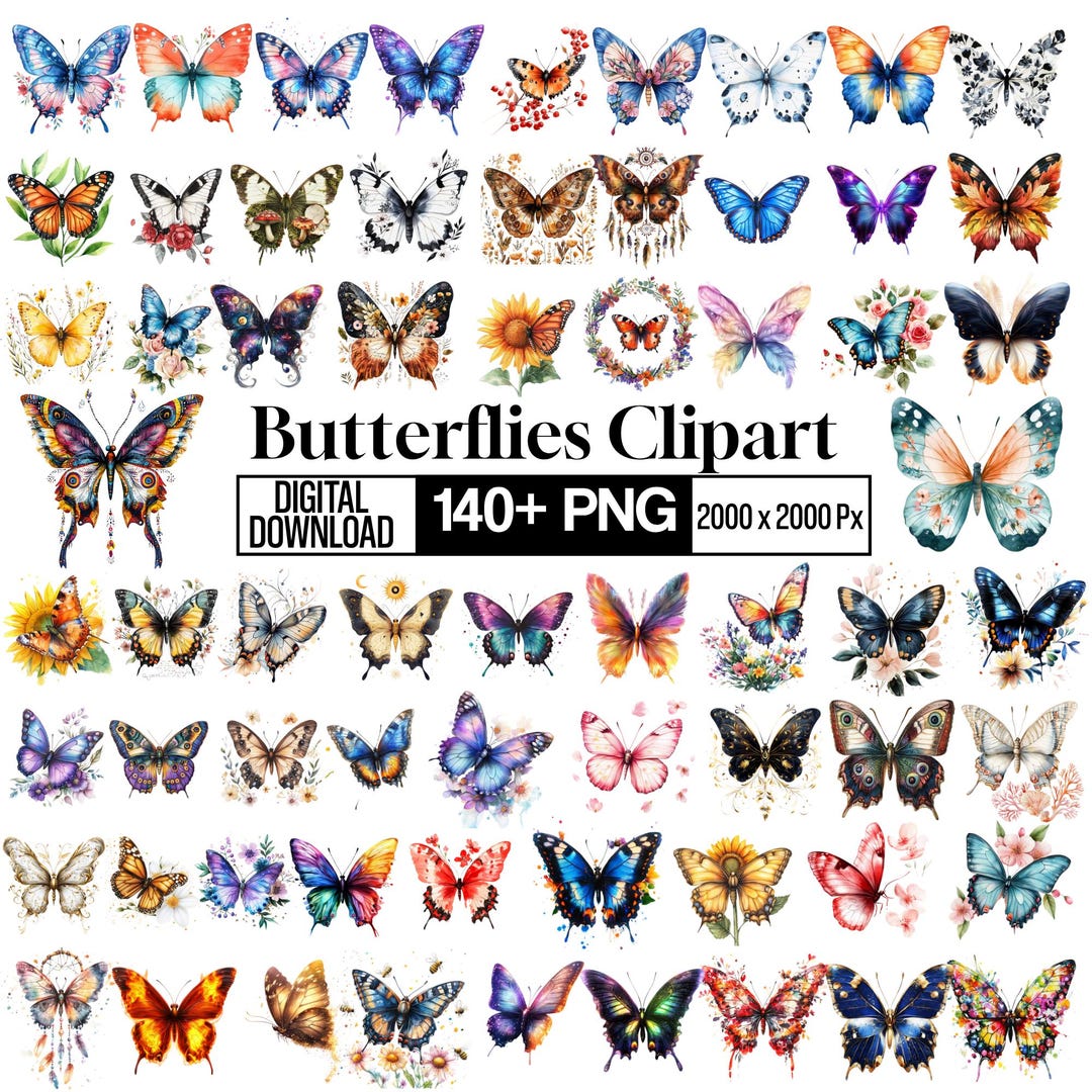 140+ Watercolor Butterfly Clipart PNG Bundle, Floral Butterfly ...