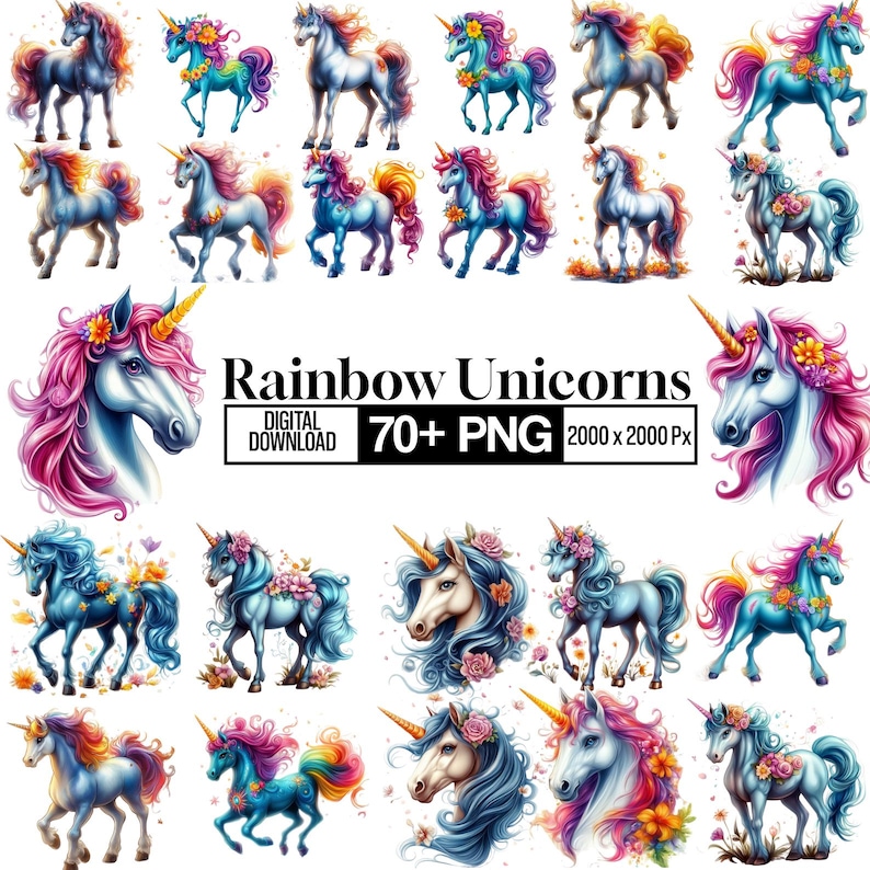 70+ Rainbow Unicorns Clipart Bundle, Watercolor Baby Unicorn Collection ...
