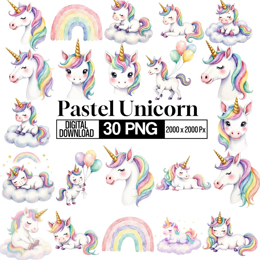 Watercolor Unicorn Clipart PNG Bundle, Magical Unicorn Illustration ...