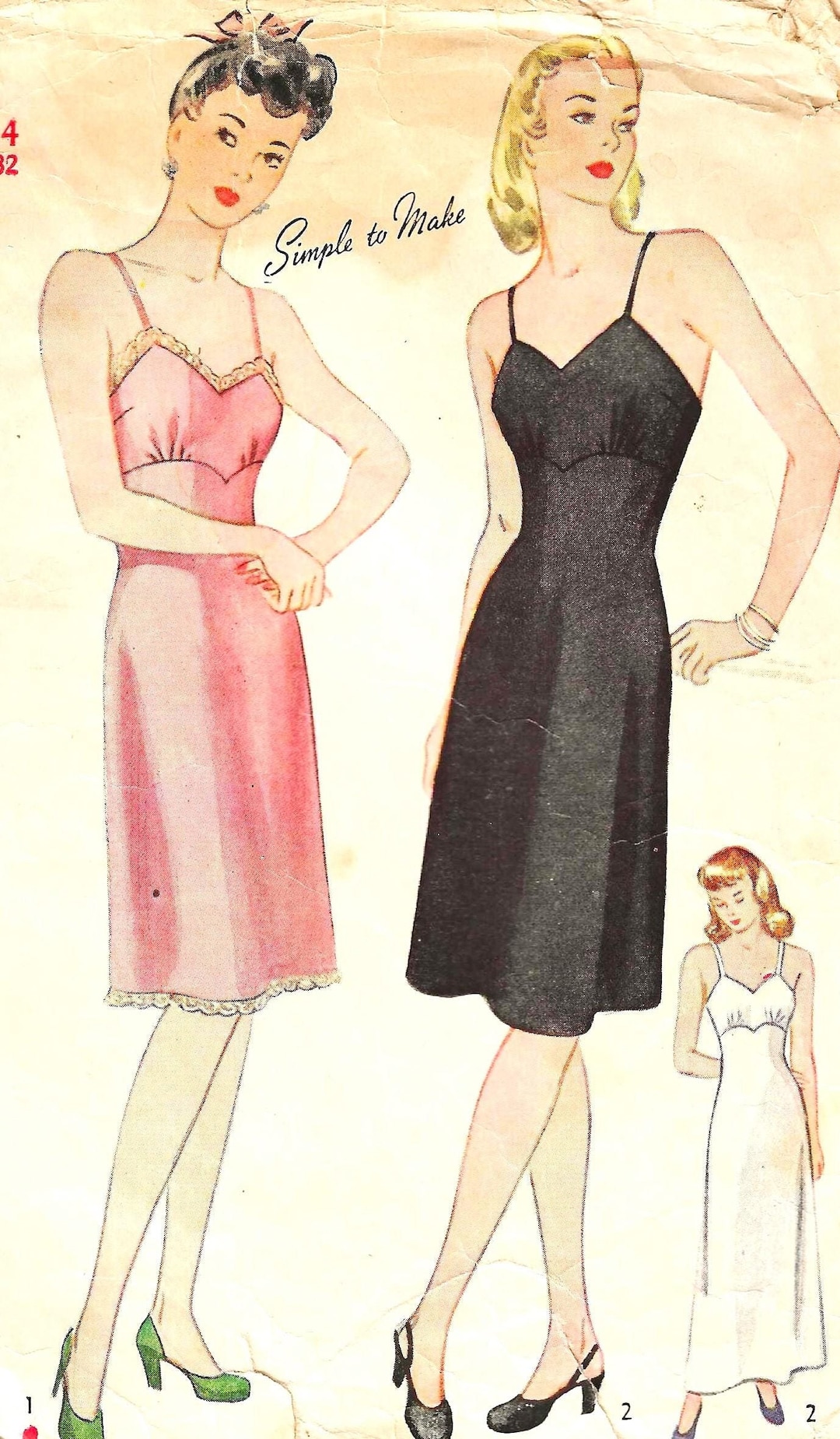 Vintage Slip Pattern, Simplicity 4971, Bust Size 32, Gathered Bodice, V ...