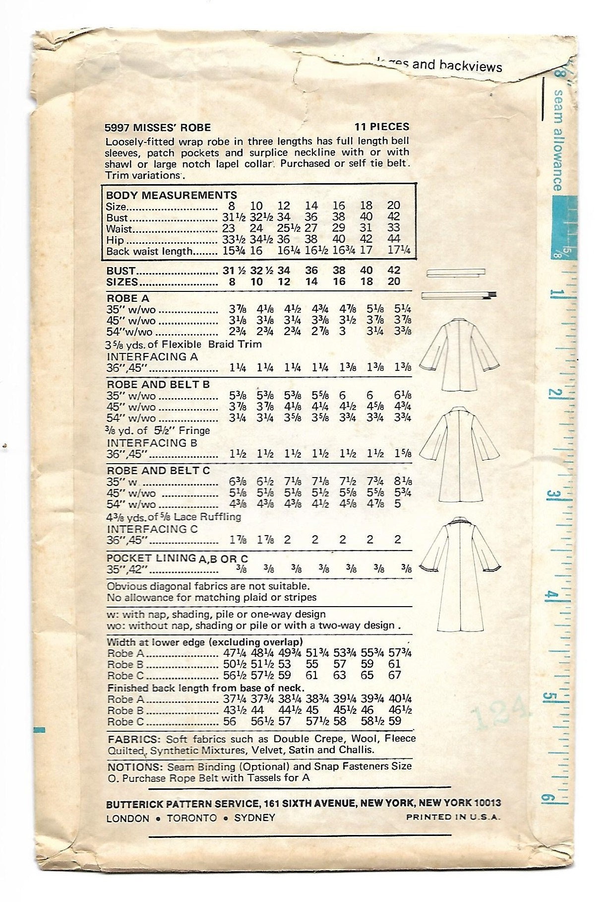 Robe Pattern Butterick 5997 Misses Size 16 Bathrobe Beach - Etsy