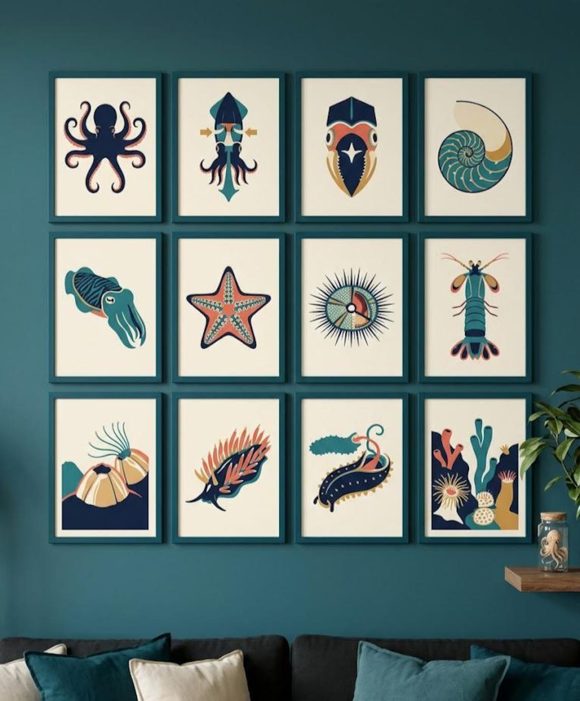 Marine Biology Art Set, 12 Ocean Invertebrates Prints, Coastal Mid ...