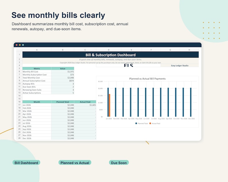 Digital Bill Payment Spreadsheet, Excel Subscription Tracker, Google ...