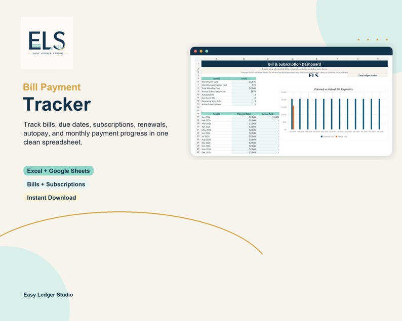 Digital Bill Payment Spreadsheet, Excel Subscription Tracker, Google ...