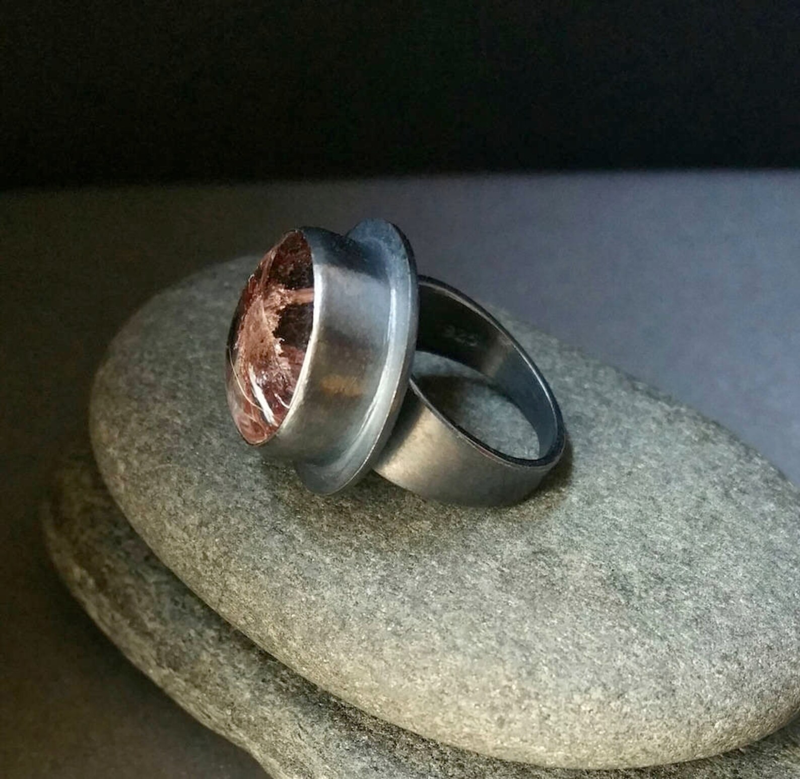 Quartz Ring Chlorite Quartz Cabochon Set in Oxidized Sterling Silver ...