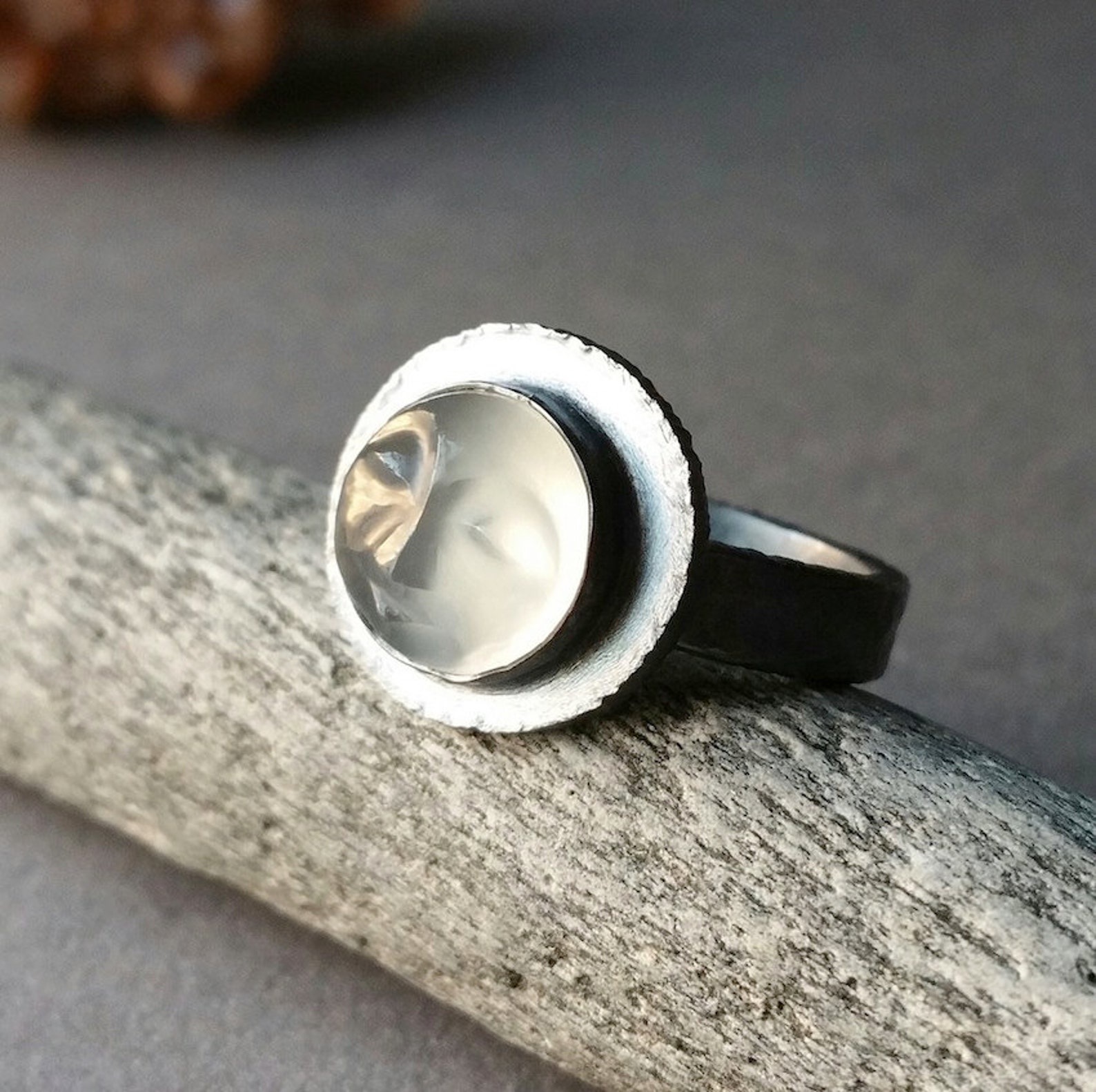 Carved Moonstone Ring - Constellation Jewelry - Moon Face Ring - Carved ...