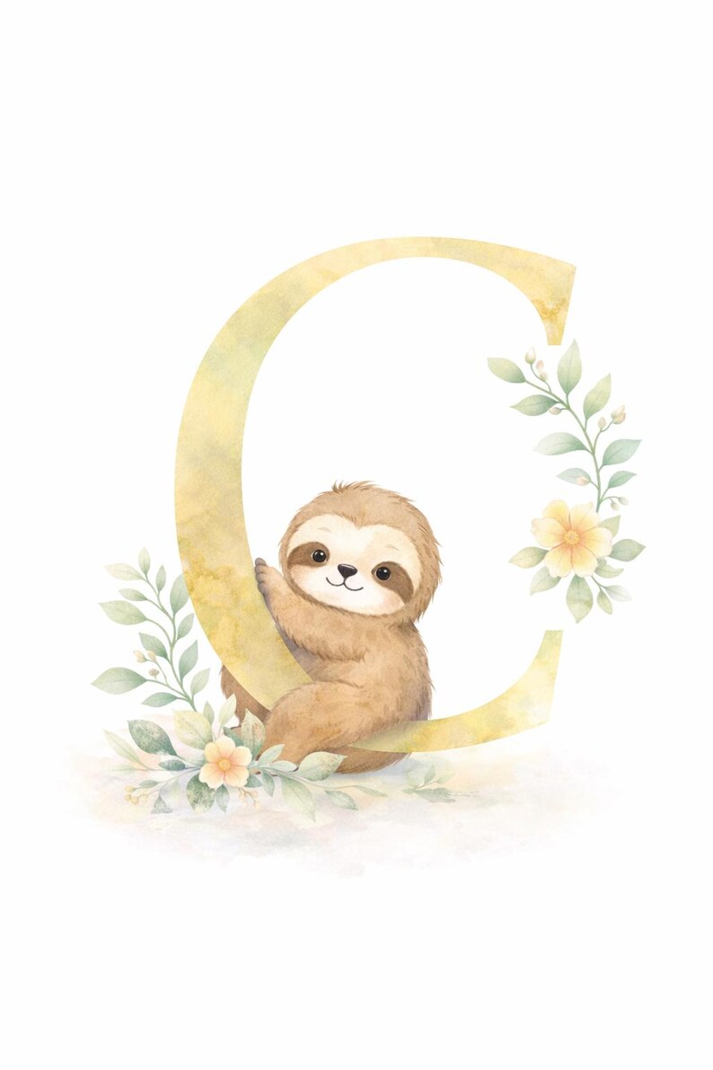 Woodland Sloth Letter C Print | Watercolor Alphabet Nursery Wall Art ...