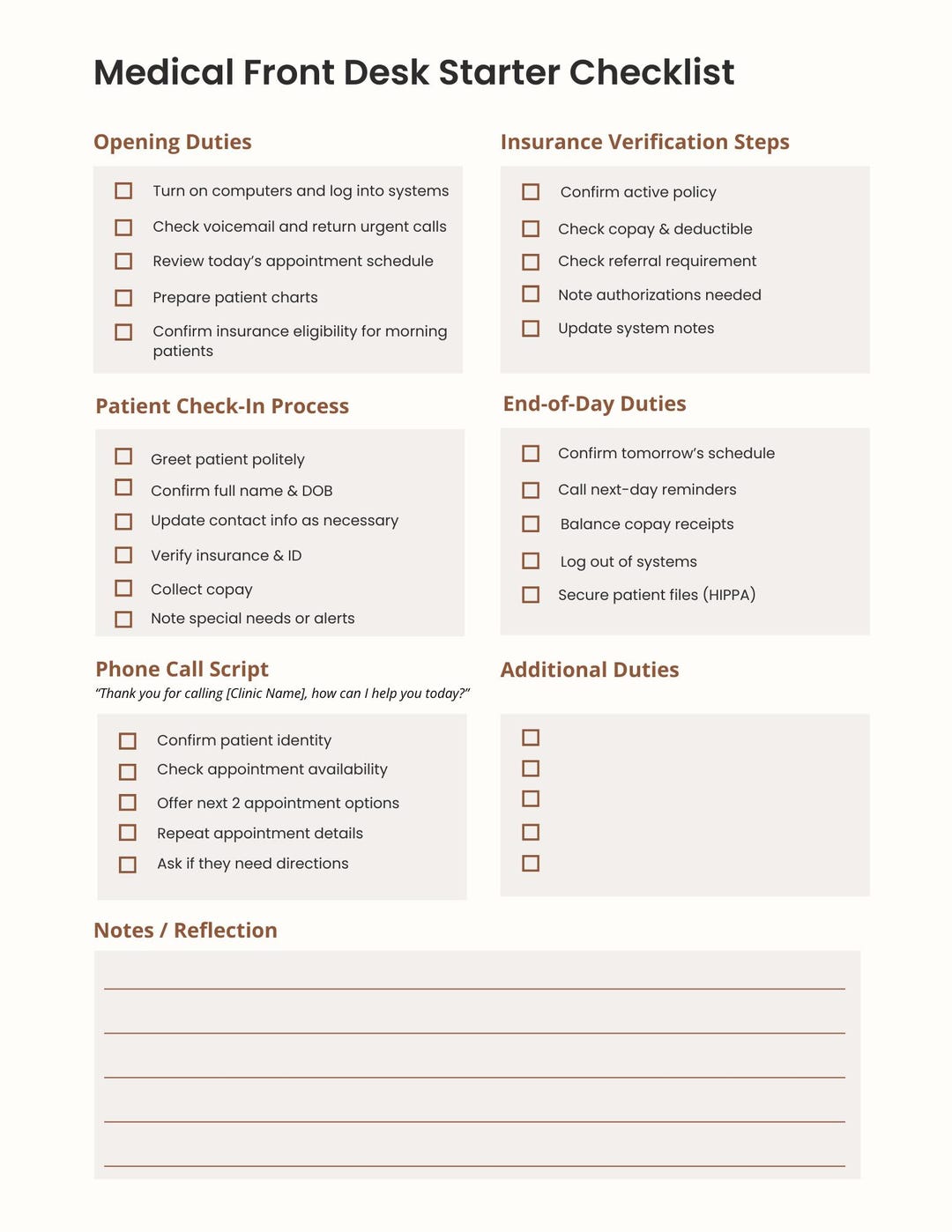 Medical Front Desk Checklist PDF | Receptionist Training Template ...