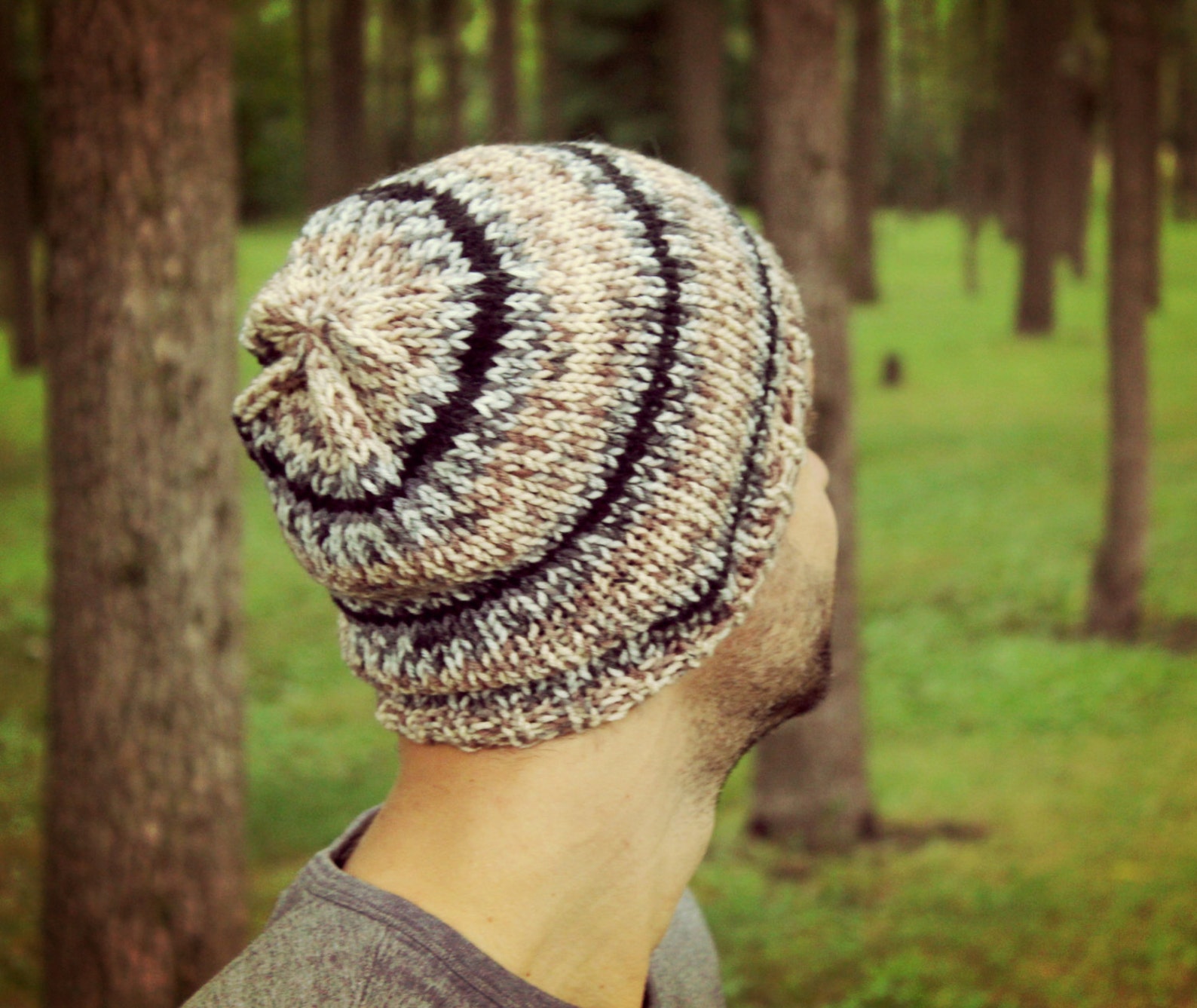 Knit Mens Hat Knitted Gray Man Beanie Striped Winter Cap - Etsy